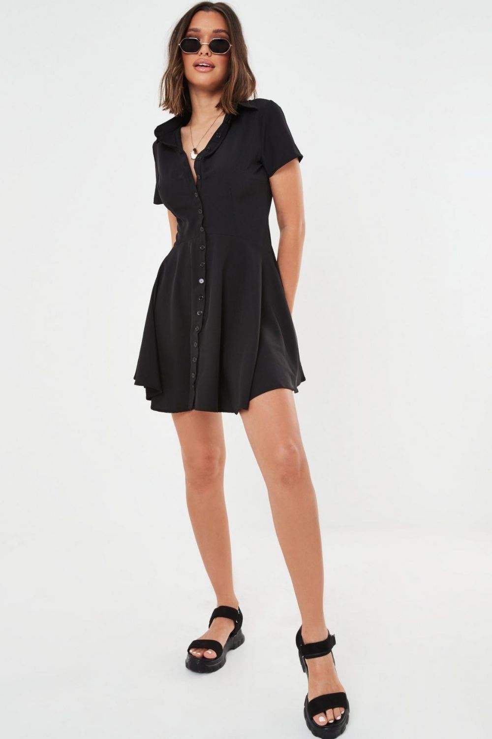 Front open Short Sleeve Flared Black Mini Dress – Styched Fashion